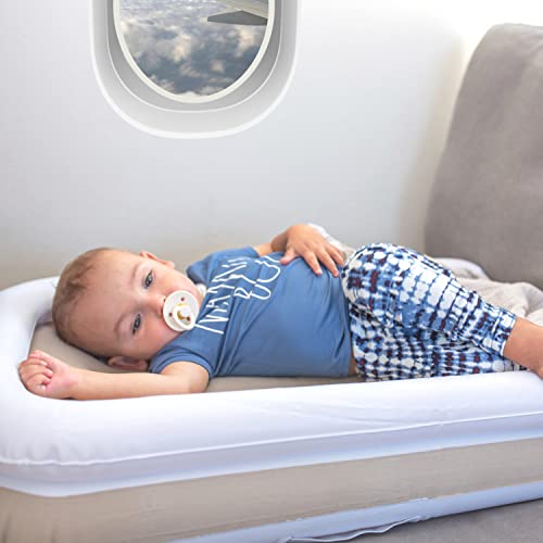 BabyFly Inflatable Airplane Bed for Toddler Travel Baby Travel Bed Infant Airplane Bed Fits Most Airplane Economy Seats for Convenient Toddler Travel, White and Tan