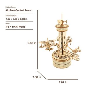 ROBOTIME 3D Wooden Puzzles for Adults DIY Musical Box Model Kit to Build Self-Assembly Building Kit Airplane-Control Tower