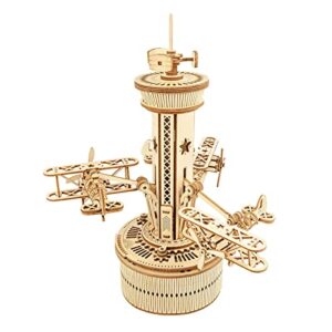 robotime 3d wooden puzzles for adults diy musical box model kit to build self-assembly building kit airplane-control tower