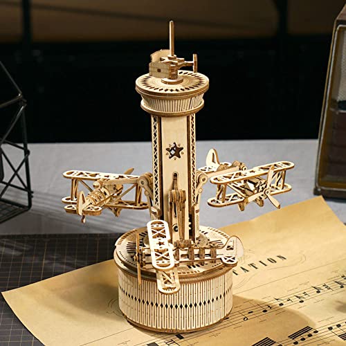 ROBOTIME 3D Wooden Puzzles for Adults DIY Musical Box Model Kit to Build Self-Assembly Building Kit Airplane-Control Tower