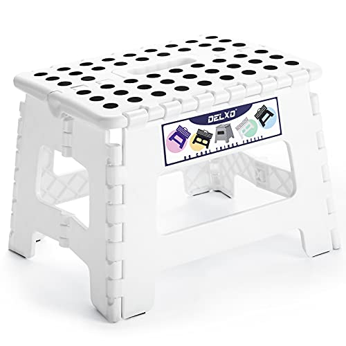 Delxo 9” Folding Step Stool in White,1 Pack Premium Heavy Duty Foldable Stool for Kids,Portable Collapsible Plastic Step Stool,Non Slip Folding Stools for Kitchen Bathroom Bedroom