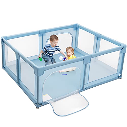 Costzon Baby Playpen, Extra Large Playard for Babies, Infant Safety Gates Indoor Outdoor, Children's Fences with Anti-Slip Suckers/Gates/Breathable Mesh Walls (75'' x 59'' x 27.5'', Blue)