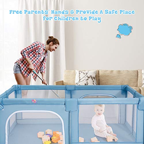 Costzon Baby Playpen, Extra Large Playard for Babies, Infant Safety Gates Indoor Outdoor, Children's Fences with Anti-Slip Suckers/Gates/Breathable Mesh Walls (75'' x 59'' x 27.5'', Blue)