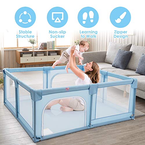 Costzon Baby Playpen, Extra Large Playard for Babies, Infant Safety Gates Indoor Outdoor, Children's Fences with Anti-Slip Suckers/Gates/Breathable Mesh Walls (75'' x 59'' x 27.5'', Blue)