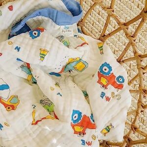 Jay & Ava Baby Muslin Blanket, Soft Toddler Cotton Blanket for Boy, 4 Layers Bed Throws for Baby Crib, Multicolor Printed Summer Quilt for Baby, Large 42” x 42” (Blue Digger)