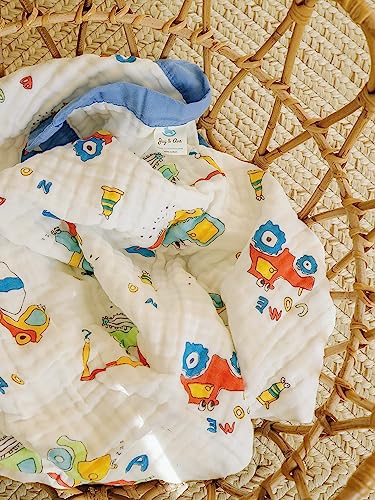 Jay & Ava Baby Muslin Blanket, Soft Toddler Cotton Blanket for Boy, 4 Layers Bed Throws for Baby Crib, Multicolor Printed Summer Quilt for Baby, Large 42” x 42” (Blue Digger)