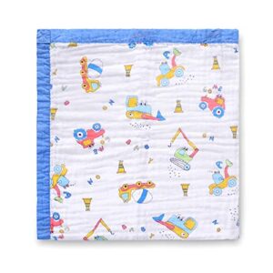 jay & ava baby muslin blanket, soft toddler cotton blanket for boy, 4 layers bed throws for baby crib, multicolor printed summer quilt for baby, large 42” x 42” (blue digger)