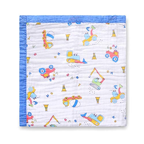 Jay & Ava Baby Muslin Blanket, Soft Toddler Cotton Blanket for Boy, 4 Layers Bed Throws for Baby Crib, Multicolor Printed Summer Quilt for Baby, Large 42” x 42” (Blue Digger)