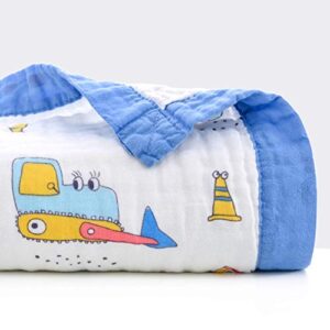 Jay & Ava Baby Muslin Blanket, Soft Toddler Cotton Blanket for Boy, 4 Layers Bed Throws for Baby Crib, Multicolor Printed Summer Quilt for Baby, Large 42” x 42” (Blue Digger)