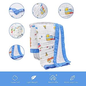 Jay & Ava Baby Muslin Blanket, Soft Toddler Cotton Blanket for Boy, 4 Layers Bed Throws for Baby Crib, Multicolor Printed Summer Quilt for Baby, Large 42” x 42” (Blue Digger)