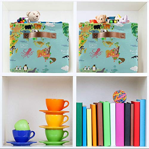 Rectangular Storage Bin World Animal Map Travel Basket with Handles - Organizer Bin for Toys, Books, Laundry Basket for Kids/Pets, Playroom