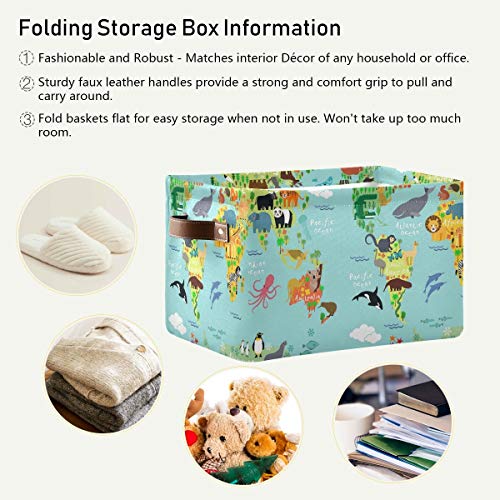 Rectangular Storage Bin World Animal Map Travel Basket with Handles - Organizer Bin for Toys, Books, Laundry Basket for Kids/Pets, Playroom