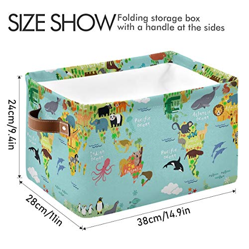 Rectangular Storage Bin World Animal Map Travel Basket with Handles - Organizer Bin for Toys, Books, Laundry Basket for Kids/Pets, Playroom