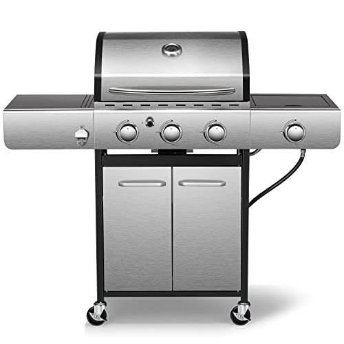 R.W.FLAME 34,000 BTU Propane Gas Grill with 3-Burner,BBQ Grill with Side Burner and Cast Iron Grates Stainless Steel Grill 486 sq. in Grilling Areas for Patio Garden Barbecue Camping,Silver