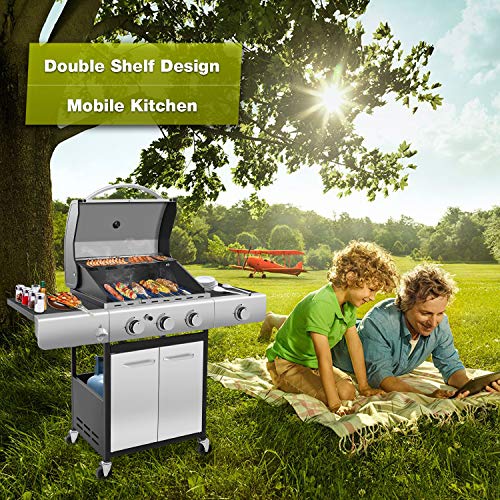 R.W.FLAME 34,000 BTU Propane Gas Grill with 3-Burner,BBQ Grill with Side Burner and Cast Iron Grates Stainless Steel Grill 486 sq. in Grilling Areas for Patio Garden Barbecue Camping,Silver