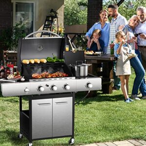 R.W.FLAME 34,000 BTU Propane Gas Grill with 3-Burner,BBQ Grill with Side Burner and Cast Iron Grates Stainless Steel Grill 486 sq. in Grilling Areas for Patio Garden Barbecue Camping,Silver