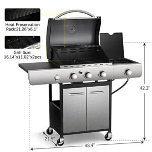 R.W.FLAME 34,000 BTU Propane Gas Grill with 3-Burner,BBQ Grill with Side Burner and Cast Iron Grates Stainless Steel Grill 486 sq. in Grilling Areas for Patio Garden Barbecue Camping,Silver