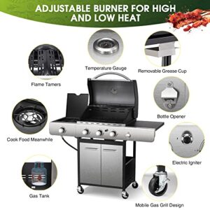 R.W.FLAME 34,000 BTU Propane Gas Grill with 3-Burner,BBQ Grill with Side Burner and Cast Iron Grates Stainless Steel Grill 486 sq. in Grilling Areas for Patio Garden Barbecue Camping,Silver