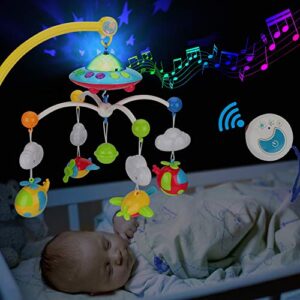 baby musical crib mobile with hanging rotating toys, remote control, lights projector function music box, cartoon rattles for babies boy girl 0-24 months, newborn sleep with 108 melodies (plane)