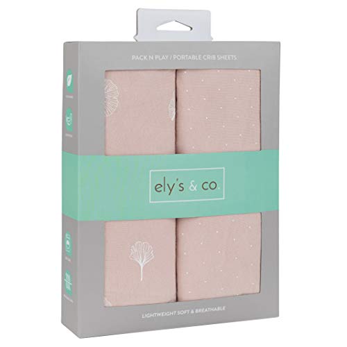 Ely’s & Co. Pack N Play│Playard│Portable Crib Sheet 2-Pack - Combed, 100% Jersey Cotton for Baby Girl — Rosewater Pink, Pin Dots & Gingko Leaves