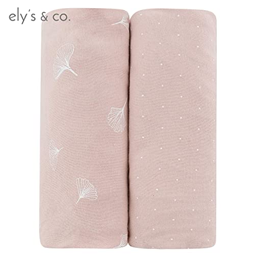 Ely’s & Co. Pack N Play│Playard│Portable Crib Sheet 2-Pack - Combed, 100% Jersey Cotton for Baby Girl — Rosewater Pink, Pin Dots & Gingko Leaves