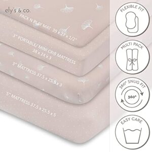 Ely’s & Co. Pack N Play│Playard│Portable Crib Sheet 2-Pack - Combed, 100% Jersey Cotton for Baby Girl — Rosewater Pink, Pin Dots & Gingko Leaves