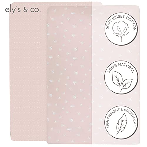 Ely’s & Co. Pack N Play│Playard│Portable Crib Sheet 2-Pack - Combed, 100% Jersey Cotton for Baby Girl — Rosewater Pink, Pin Dots & Gingko Leaves