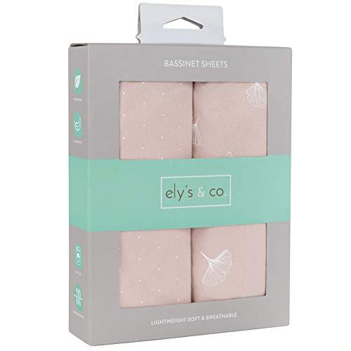 Ely’s & Co. Bassinet Sheet 2-Pack — Combed, 100% Jersey Cotton for Baby Girl — Rosewater Pink, Pin Dots & Gingko Leaves