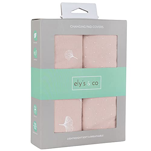 Ely’s & Co. Changing Pad Covers│Cradle Sheets 2-Pack — Combed, 100% Jersey Cotton for Baby Girl — Rosewater Pink, Pin Dots & Gingko Leaves