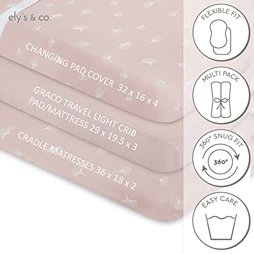 Ely’s & Co. Changing Pad Covers│Cradle Sheets 2-Pack — Combed, 100% Jersey Cotton for Baby Girl — Rosewater Pink, Pin Dots & Gingko Leaves