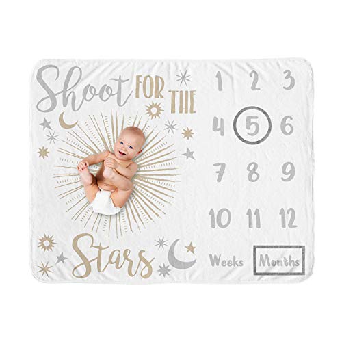 Sweet Jojo Designs Star and Moon Girl Milestone Blanket Monthly Newborn First Year Growth Mat Baby Shower Memory Keepsake Gift Picture - Gold and Grey Celestial Shoot for The Stars Space