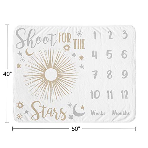 Sweet Jojo Designs Star and Moon Girl Milestone Blanket Monthly Newborn First Year Growth Mat Baby Shower Memory Keepsake Gift Picture - Gold and Grey Celestial Shoot for The Stars Space