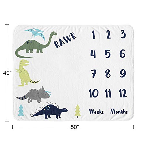 Sweet Jojo Designs Mod Dino Boy Milestone Blanket Monthly Newborn First Year Growth Mat Baby Shower Memory Keepsake Gift Picture - Blue, Green and Grey Modern Dinosaur Rawr