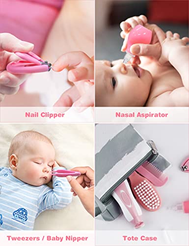 OTTOLIVES Baby Healthcare and Grooming Kit, 24 in 1 Baby Electric Nail Trimmer Set Newborn Nursery Health Care Set for Newborn Infant Toddlers Baby Boys Girls Kids Haircut Tools (0-3 Years+) (Pink)