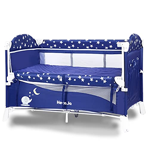 Heyo.Ja Portable Baby Playard, 4 in 1 Convertible Pack and Play with Bassinet, Nursery Center with Comfortable Mattress, 5 Height Adjustable Bedside Crib, Starry Sky Fence (Navy)