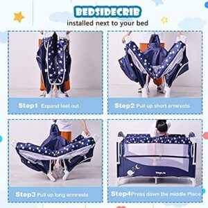 Heyo.Ja Portable Baby Playard, 4 in 1 Convertible Pack and Play with Bassinet, Nursery Center with Comfortable Mattress, 5 Height Adjustable Bedside Crib, Starry Sky Fence (Navy)