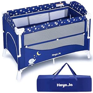 Heyo.Ja Portable Baby Playard, 4 in 1 Convertible Pack and Play with Bassinet, Nursery Center with Comfortable Mattress, 5 Height Adjustable Bedside Crib, Starry Sky Fence (Navy)