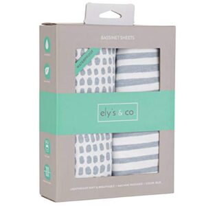 ely’s & co. patent pending waterproof bassinet sheet 2-pack set for baby boy - 100% cotton, jersey knit cotton sheets with waterproof lining — misty blue, stripes and splashes