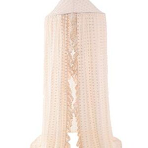 Wonder Space Elegant Kids Bed Canopy - Lace Chiffon Netting with Pom Pom, Princess Girls Fairy Dream Tent, Nursery Room Baby Crib Hanging Curtain Mosquito Net Children Reading Nook Decoration (Beige)