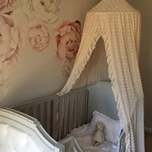 Wonder Space Elegant Kids Bed Canopy - Lace Chiffon Netting with Pom Pom, Princess Girls Fairy Dream Tent, Nursery Room Baby Crib Hanging Curtain Mosquito Net Children Reading Nook Decoration (Beige)