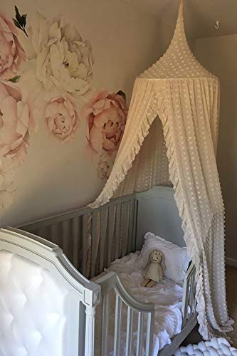 Wonder Space Elegant Kids Bed Canopy - Lace Chiffon Netting with Pom Pom, Princess Girls Fairy Dream Tent, Nursery Room Baby Crib Hanging Curtain Mosquito Net Children Reading Nook Decoration (Beige)