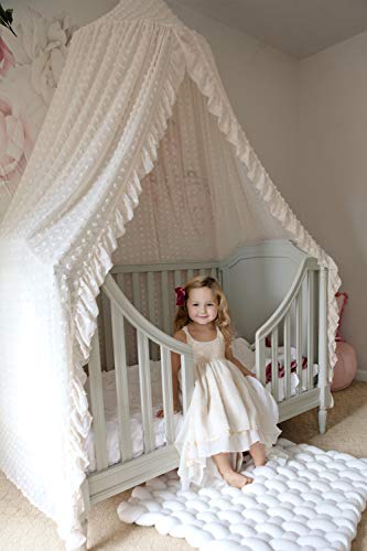 Wonder Space Elegant Kids Bed Canopy - Lace Chiffon Netting with Pom Pom, Princess Girls Fairy Dream Tent, Nursery Room Baby Crib Hanging Curtain Mosquito Net Children Reading Nook Decoration (Beige)