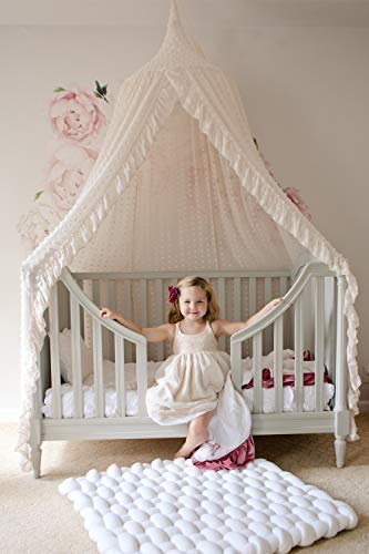 Wonder Space Elegant Kids Bed Canopy - Lace Chiffon Netting with Pom Pom, Princess Girls Fairy Dream Tent, Nursery Room Baby Crib Hanging Curtain Mosquito Net Children Reading Nook Decoration (Beige)