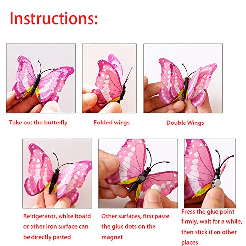 Somotersea 24PCS 3D Butterfly Wall Decals Removable Butterfly Decor for Girls Stickers Kids Bedroom and Room Decoration Art Mural Double Wings Pink