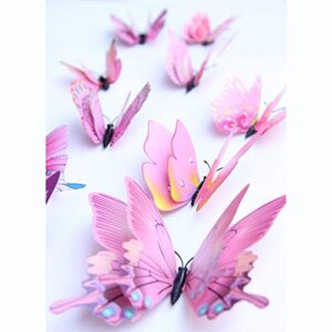 Somotersea 24PCS 3D Butterfly Wall Decals Removable Butterfly Decor for Girls Stickers Kids Bedroom and Room Decoration Art Mural Double Wings Pink