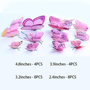 Somotersea 24PCS 3D Butterfly Wall Decals Removable Butterfly Decor for Girls Stickers Kids Bedroom and Room Decoration Art Mural Double Wings Pink