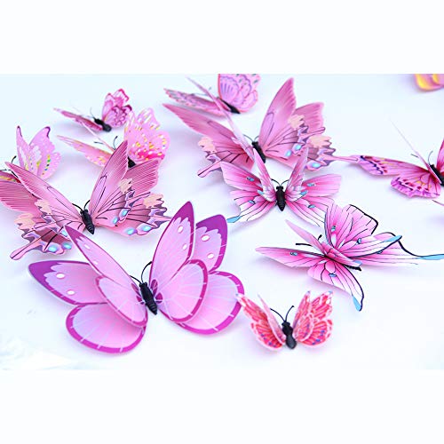 Somotersea 24PCS 3D Butterfly Wall Decals Removable Butterfly Decor for Girls Stickers Kids Bedroom and Room Decoration Art Mural Double Wings Pink