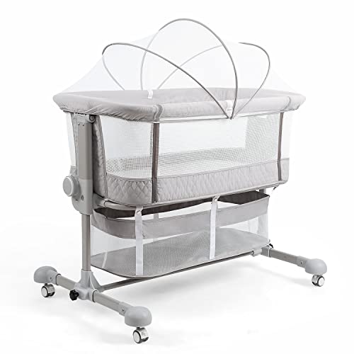 Baby Bassinets Bedside Sleeper, Bedside Crib 3 in 1 Adjustable Travel Baby Bed with Breathable Net and Mattress, Easy Folding Portable Bassinet for Baby