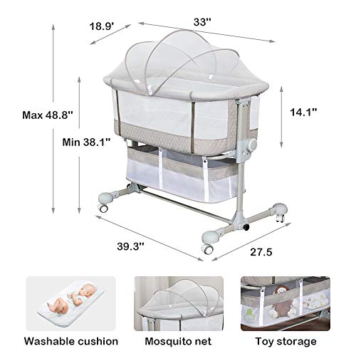 Baby Bassinets Bedside Sleeper, Bedside Crib 3 in 1 Adjustable Travel Baby Bed with Breathable Net and Mattress, Easy Folding Portable Bassinet for Baby