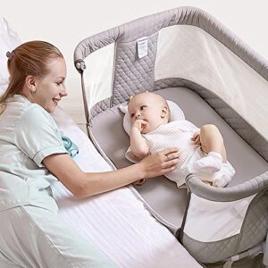 Baby Bassinets Bedside Sleeper, Bedside Crib 3 in 1 Adjustable Travel Baby Bed with Breathable Net and Mattress, Easy Folding Portable Bassinet for Baby